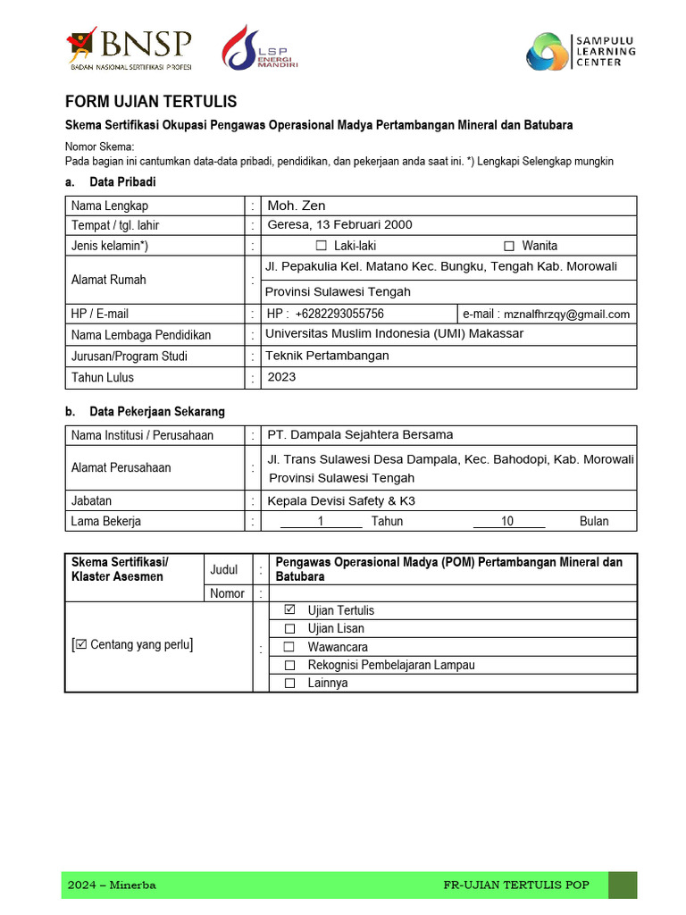 FORM UJIAN TERTULIS Pengawas Operasional Madya | PDF