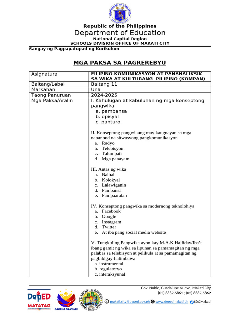 Tagalog Version Pointers To Review Q1 SHS | PDF