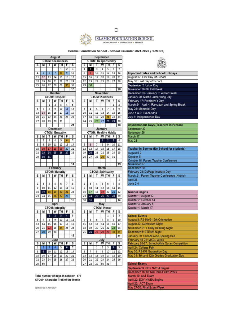 Islamic Foundation School Calendar 2024-25 | PDF