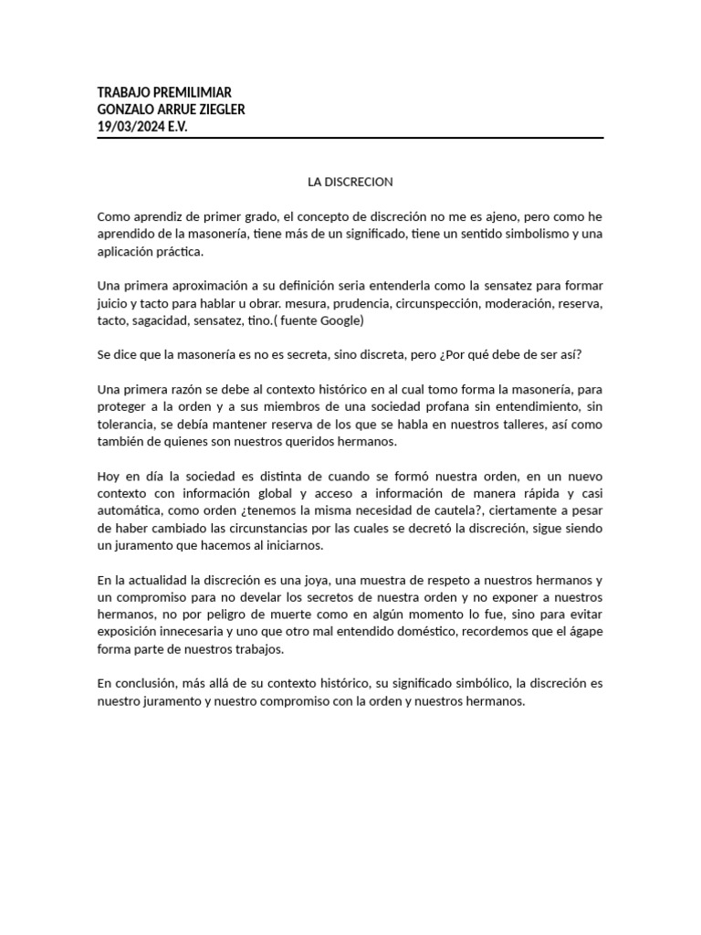 Preliminar - La Discresion - Gonzalo Arrue | PDF