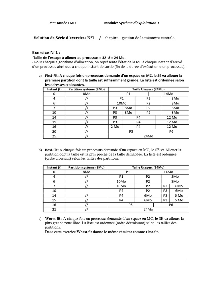 Solution - TD - Serie1 - Chapitre - 04 - Gestion de La Mémoire Centrale | PDF