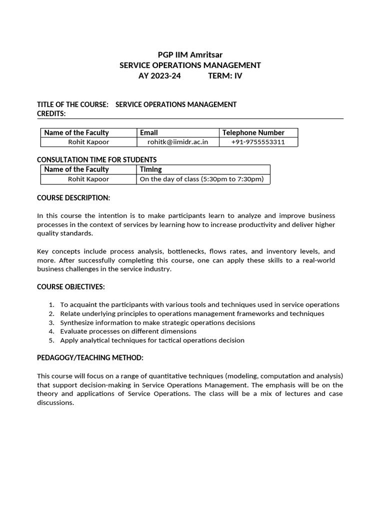 Service Operations Management IIM Amritsar | PDF