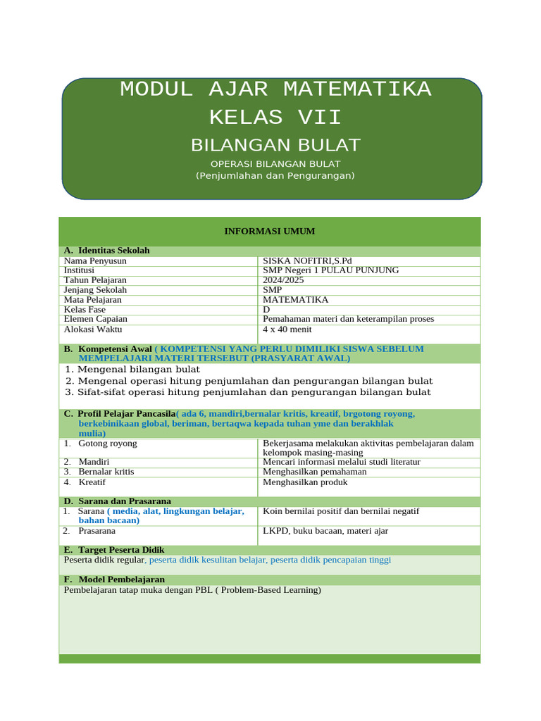 Modul 1 MTK Kelas Vii | PDF