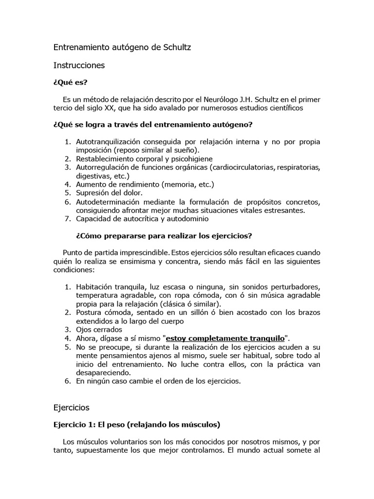 Entrenamiento Autógeno de Schultz Resumido | PDF