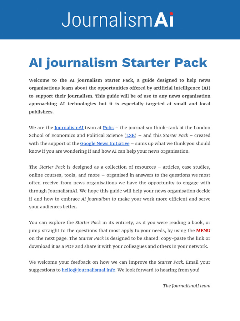 AI Journalism Starter Pack - A Guide by JournalismAI | PDF