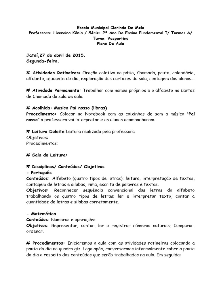 Planos de Aulas para 2º Ano Do Ensino Fundamental I | PDF
