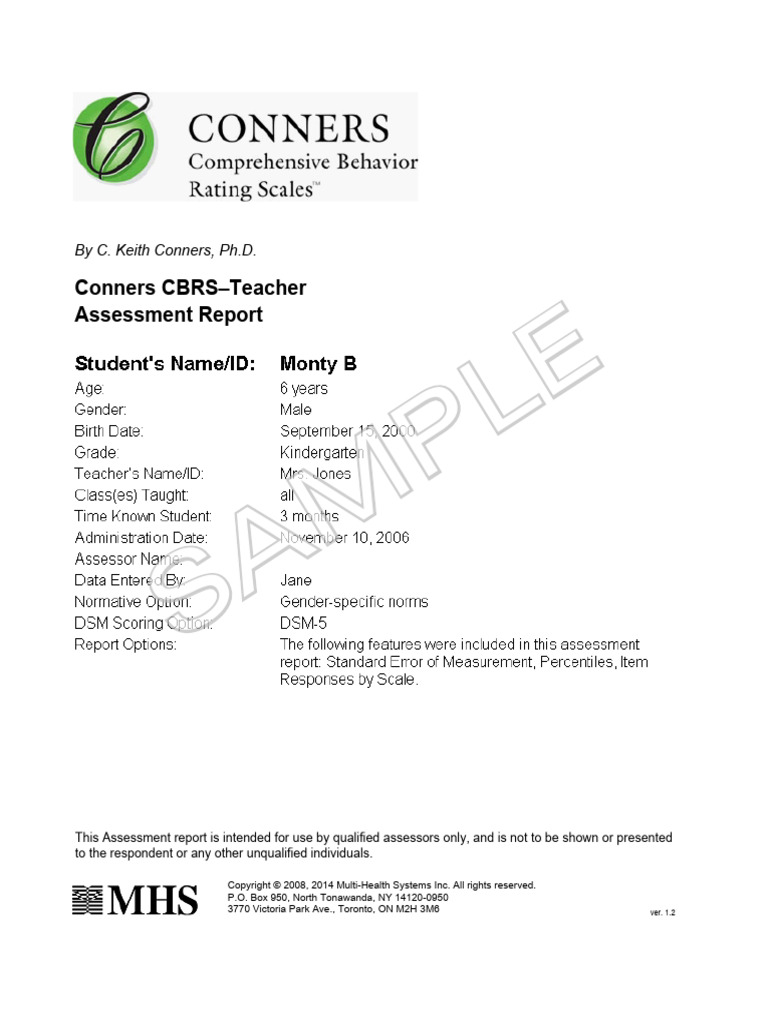 Conners CBRS Assessment Report Teacher 2 | PDF | Dsm 5 | Medical Diagnosis