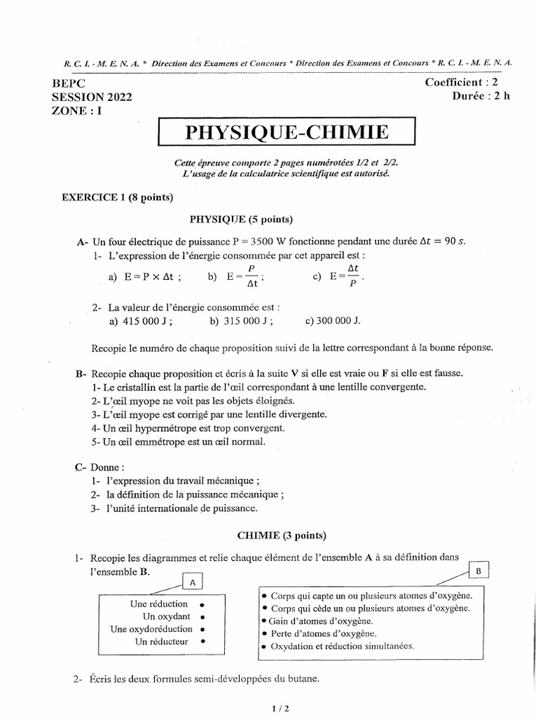 BEPC 2022 Sujet Et Corrigé | PDF