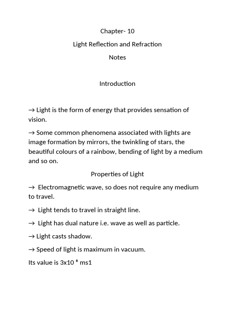 CH - 10 Light Reflection and Refraction (Notes) | PDF | Reflection ...