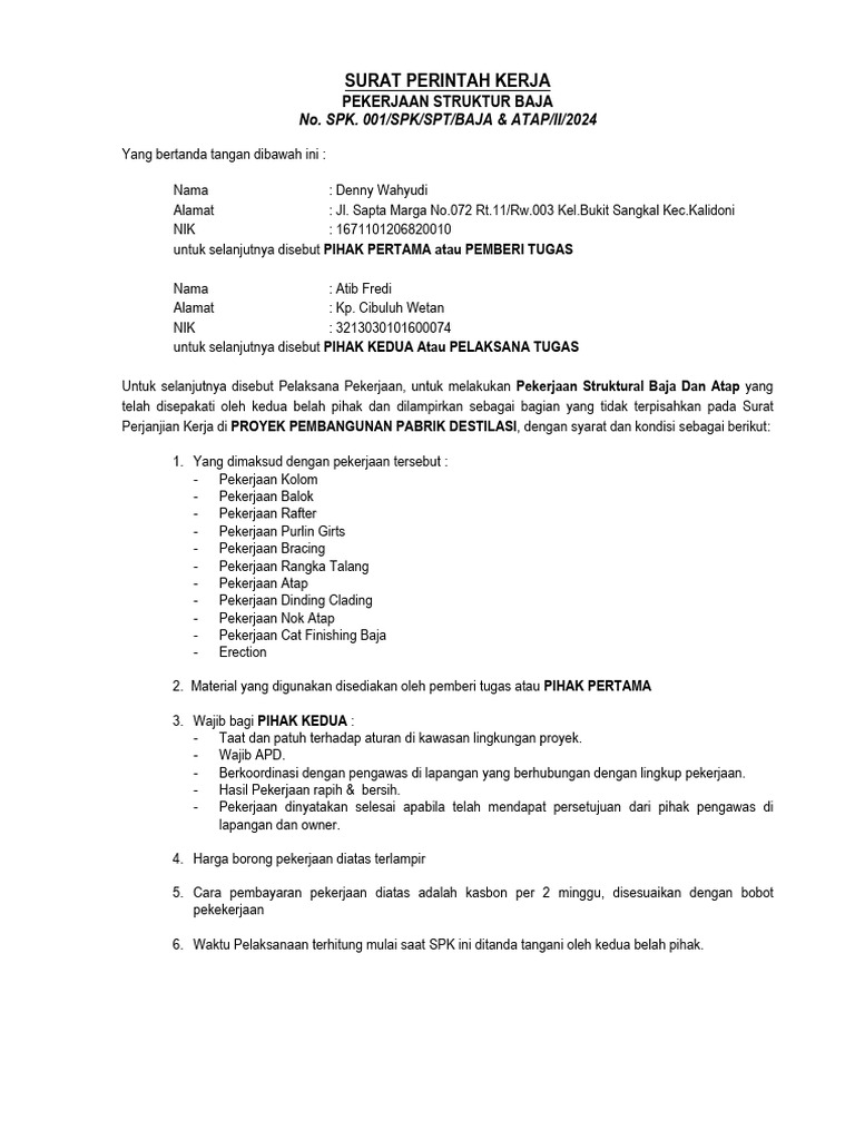 SPK Mandor Baja (Abah Atib) - TTD Pihak Pertama | PDF