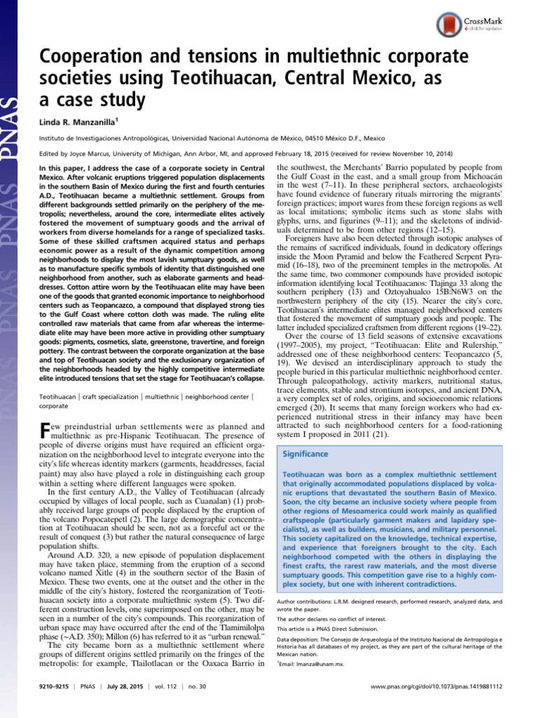 Manzanilla 2015 Cooperation and Tensions in Multiethnic Corporate Societies Using Teotihuacan ...