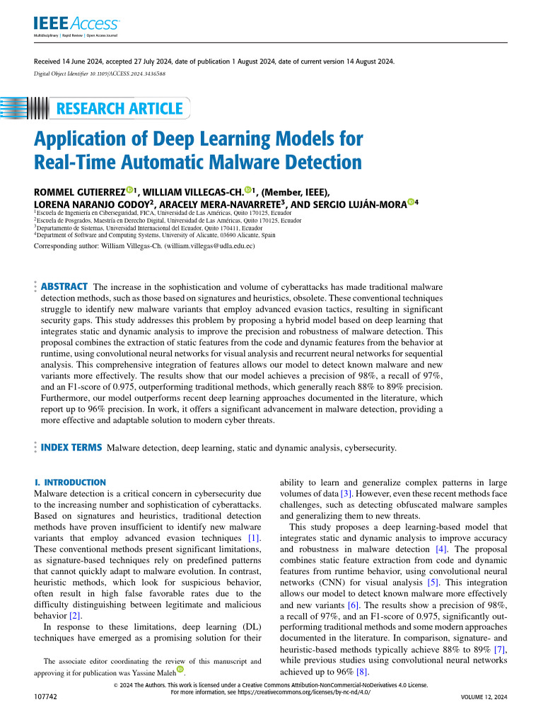 Application of Deep Learning Models For Real-Time Automatic Malware Detection | PDF