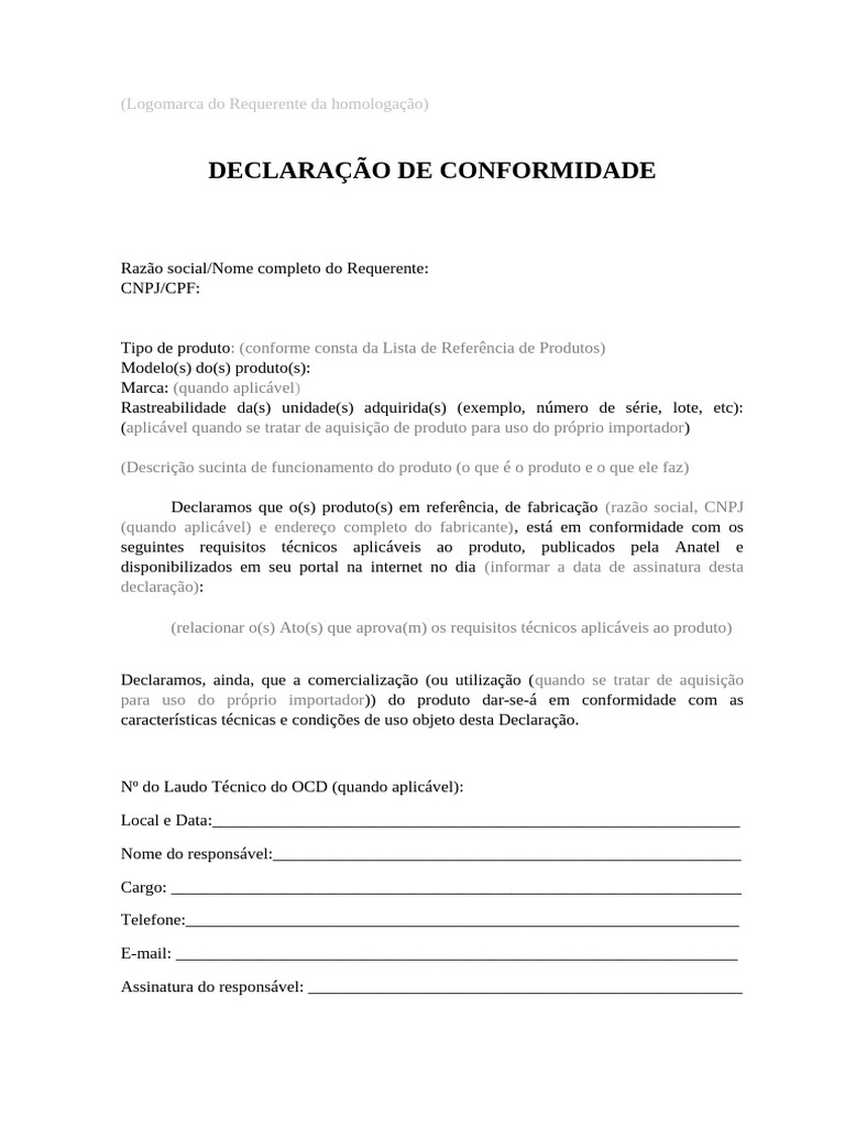 Modelo de Declaração de Conformidade - Rev3 | PDF