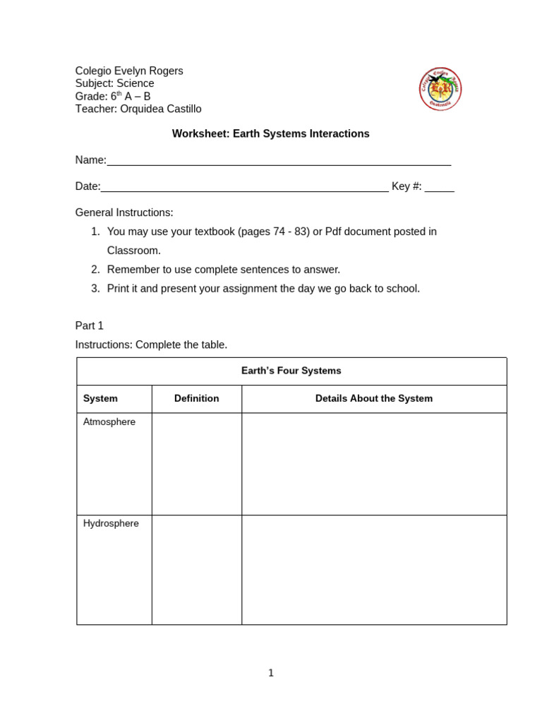 Earth Systems Interactions Worksheet | PDF | Science & Mathematics