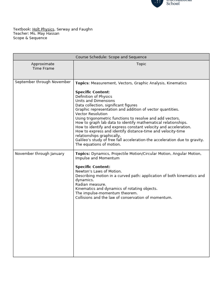 Physics Gr. 9 Scope & Sequence | PDF