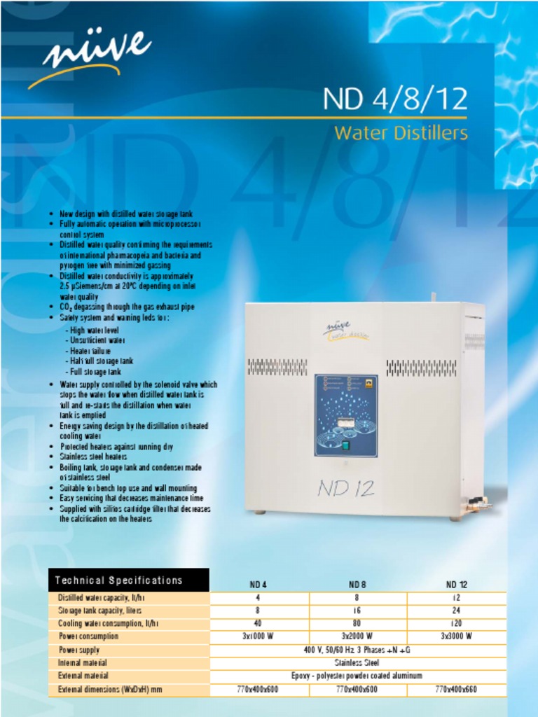 Nuve ND12 Water Distiller Specs | PDF | Hvac | Distillation