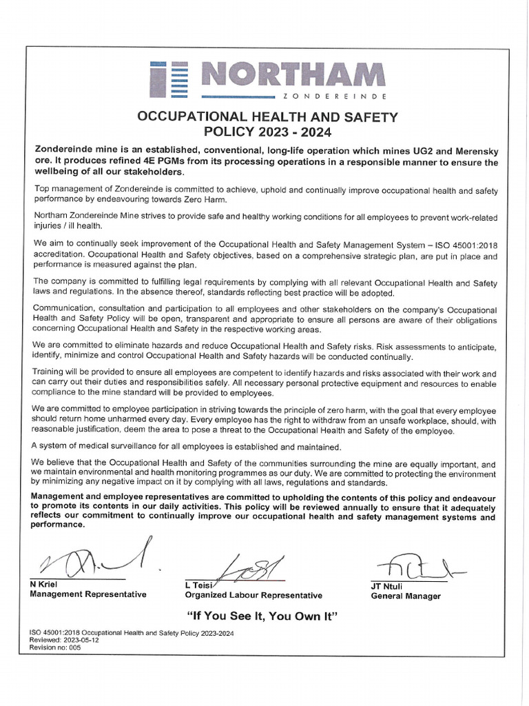 Occupational Health and Safety Policy 2023-2024 | PDF