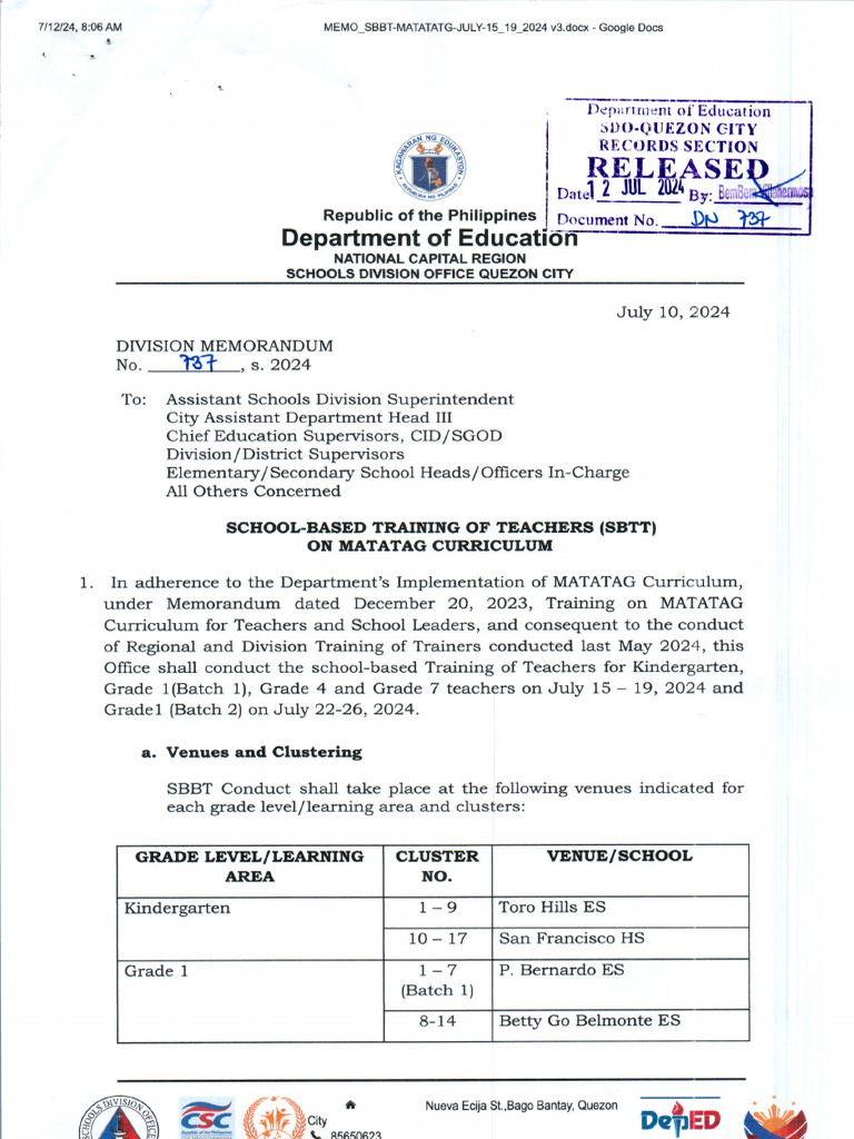 DM No. 737 S. 2024 - School-Based Training of Teachers (SBTT) On ...