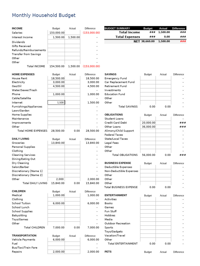 Monthly Household Budget Template | PDF