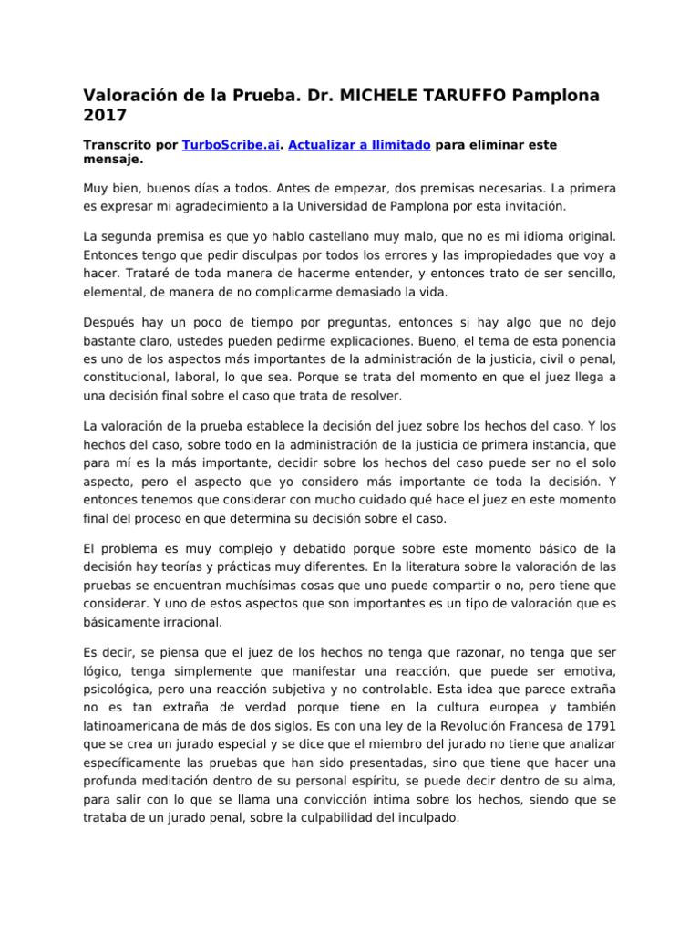 Valoración de La Prueba. Dr. MICHELE TARUFFO Pamplona 2017 | PDF