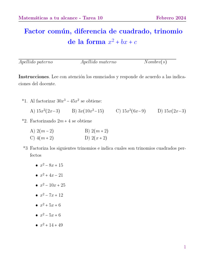 Tarea 10 Factor Común Diferencia de Cuadrado Trinomio de La Forma X 2 BX C | PDF