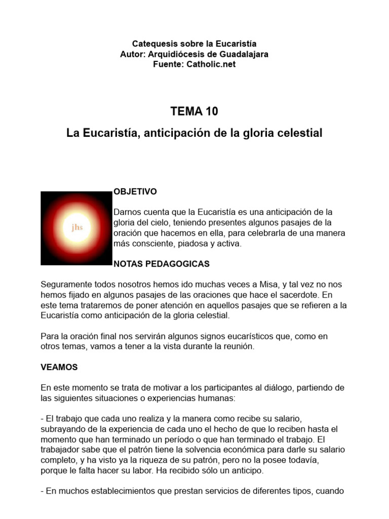 TEMA 10 - La Eucaristia, Anticipacion de La Gloria Celestial | PDF
