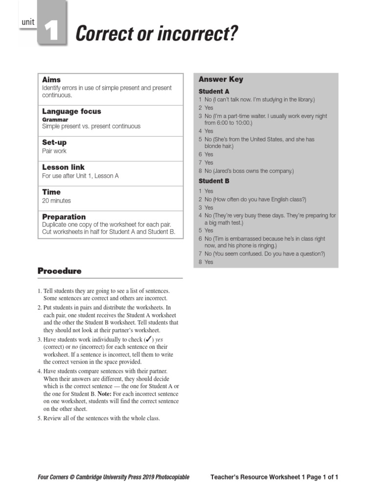 Four Corners Level 3 Unit 1 Correct or Incorrect Worksheet 1 | PDF