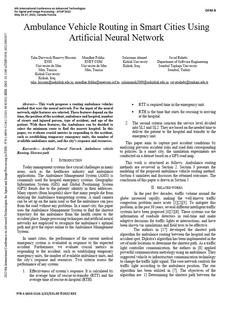 Ambulance Vehicle Routing in Smart Cities Using Artificial Neural Network | PDF