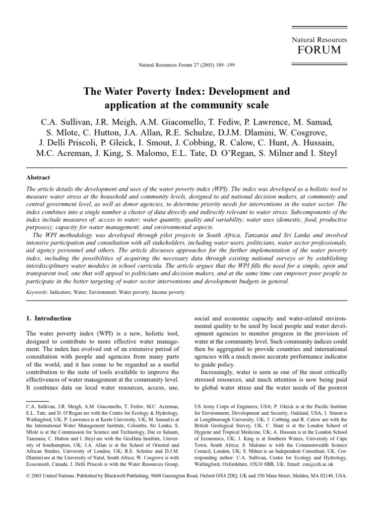 The Water Poverty Index Development and | PDF