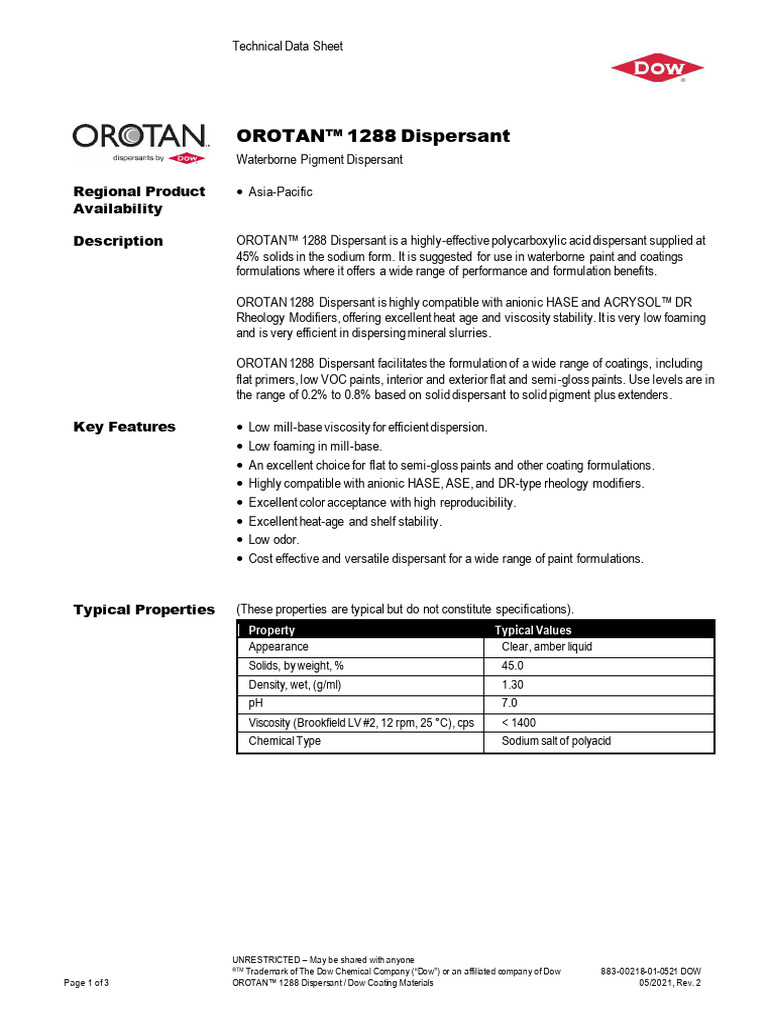 883 00218 01 Orotan 1288 Dispersant Tds | PDF | Paint | Technology & Engineering