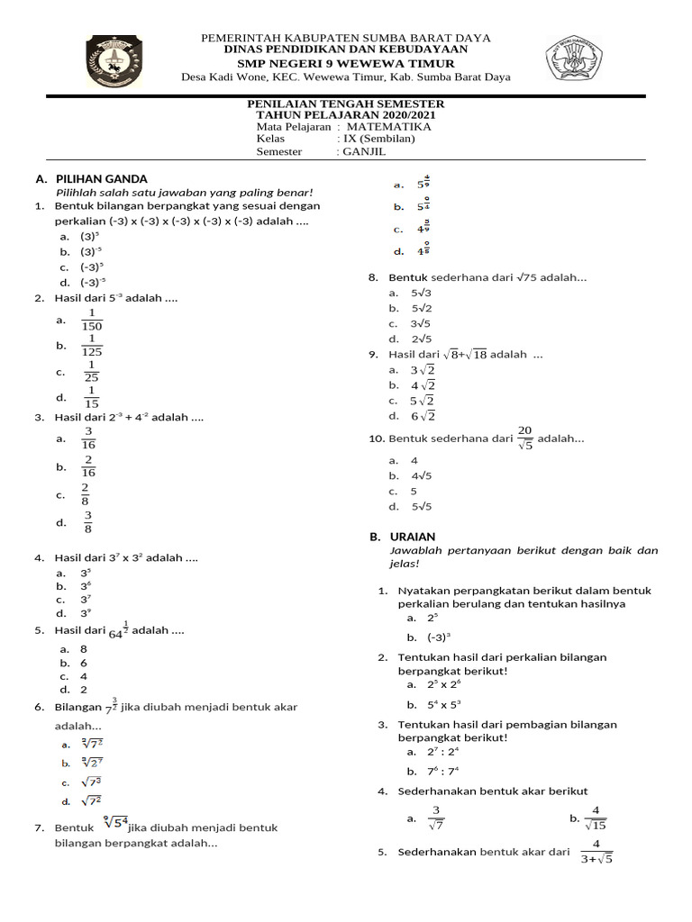 PTS1 Mat9 - 2020 | PDF