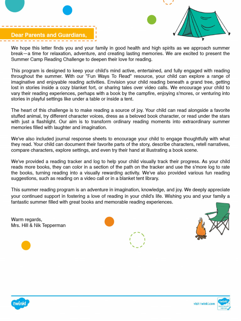 Editable Summer Camp Reading Challenge Letter To Parents | PDF