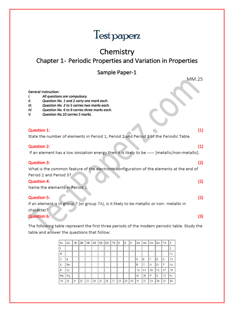 Periodic Properties Paper 1 | PDF | Periodic Table | Chemical Elements