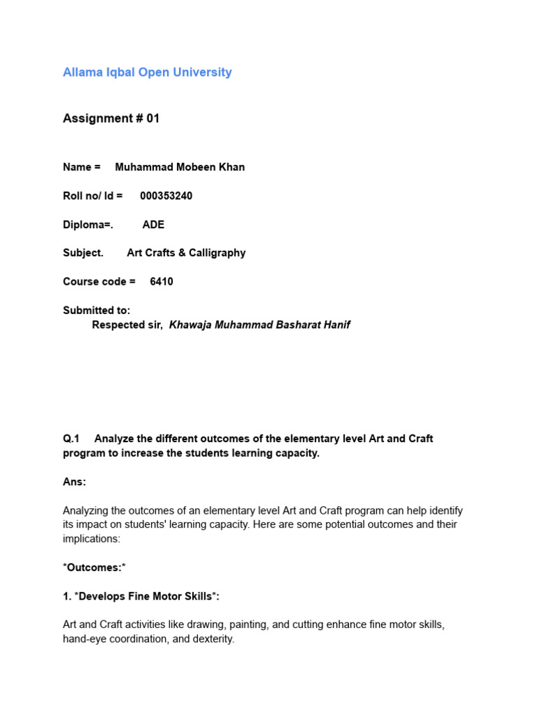 Assignment#01 Arts, Crafts & Calligraphy (6410) | PDF