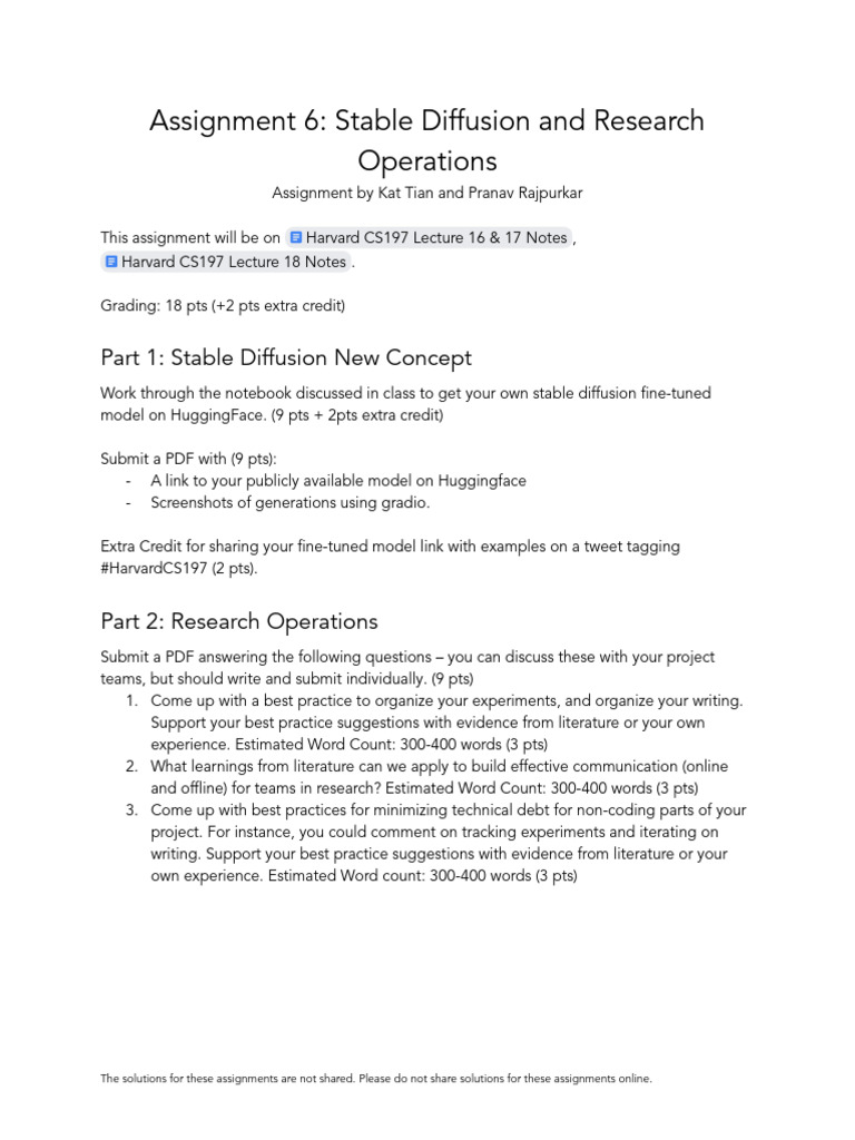Harvard CS197 Assignment 6 Stable Diffusion and Research Operations | PDF