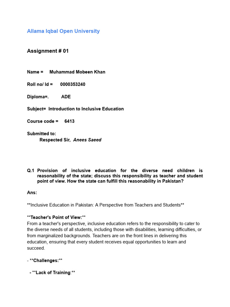 Assignment # 01 Introduction To Inclusive Education (6413) | PDF ...