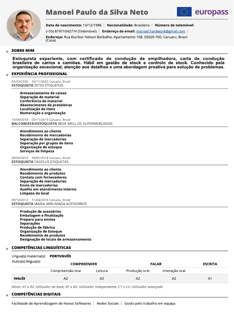 My Europass Resume Portuguese PT | PDF