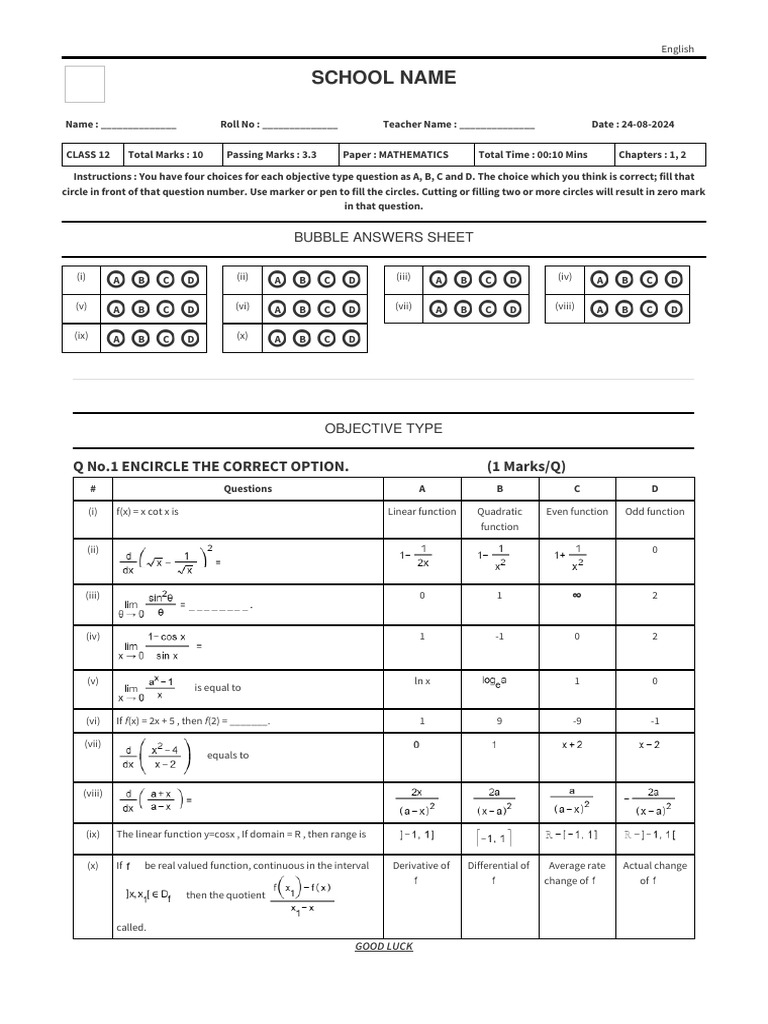 Class 12 Math Quiz Sheet | PDF | Function (Mathematics) | Calculus
