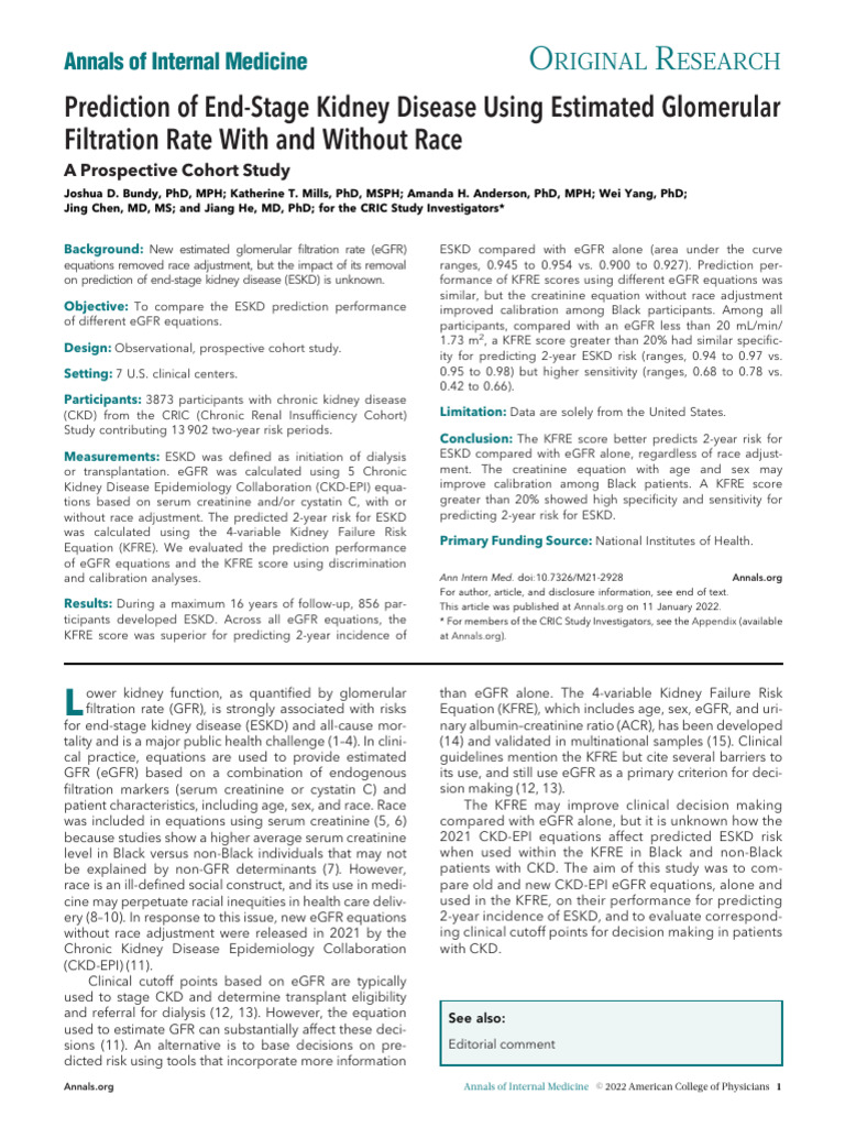 Prediction of End-Stage Kidney Disease Using Estimated Glomerular | PDF