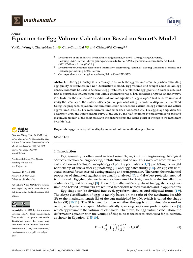 Equation For Egg Volume Calculation Based On Smart | PDF