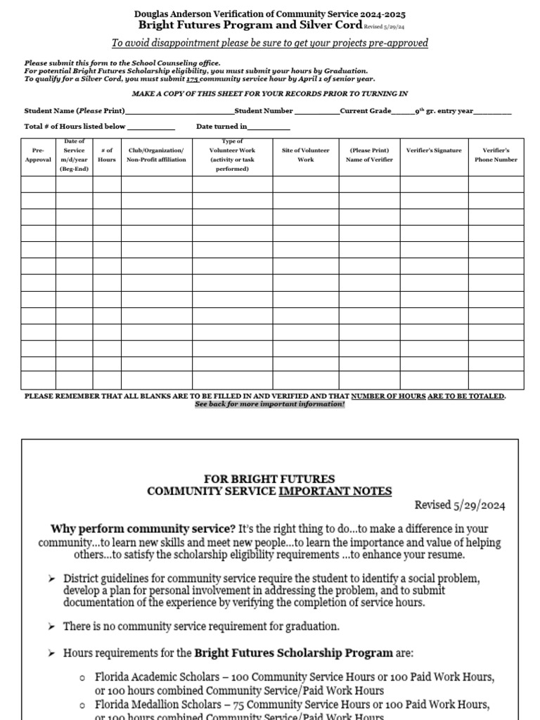 DA Verification Community Service Sheet 2024-2025 | PDF