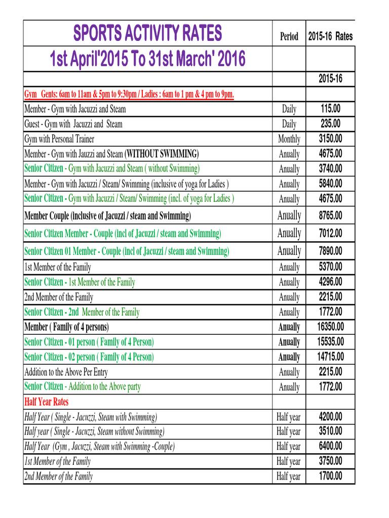 Activity Rate Sheet 2015-16 | PDF
