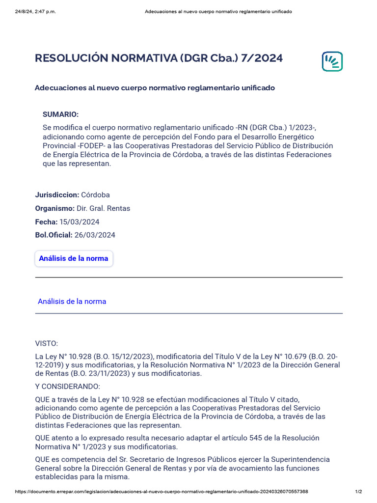 RESOLUCIÓN NORMATIVA (DGR Cba.) 7-2024 | PDF