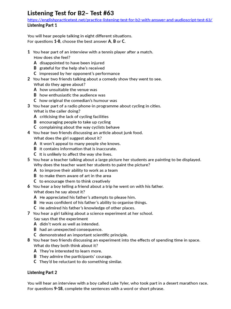 Listening Test For B2 - Test #63 | PDF