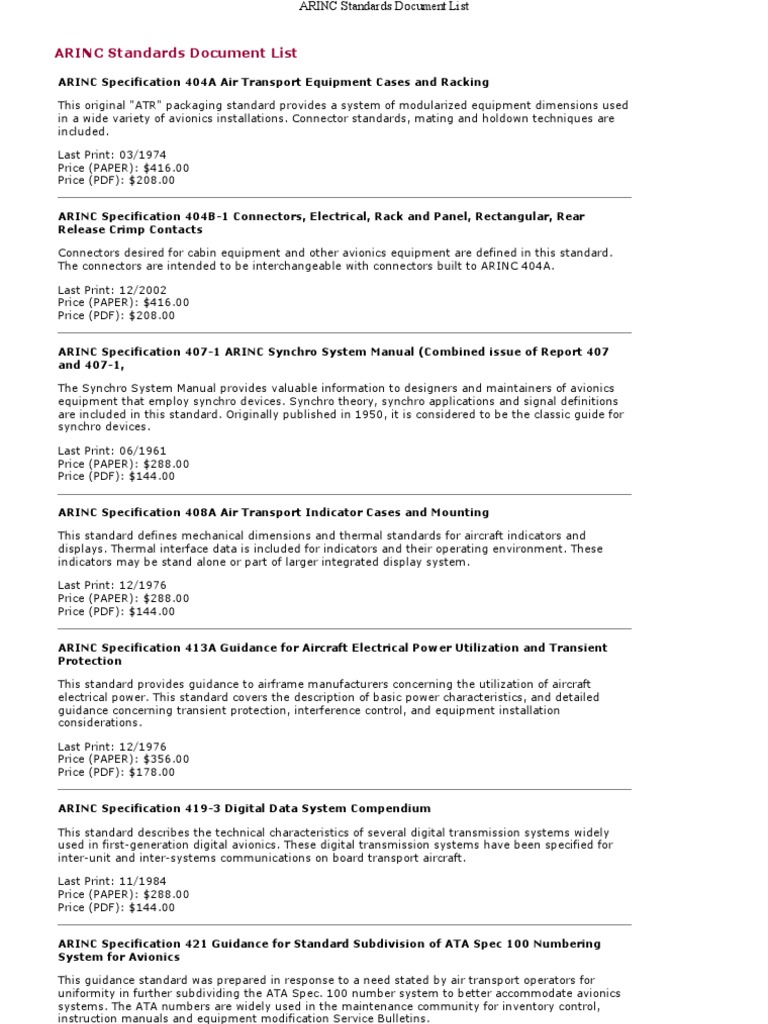 ARINC Standards Document List | PDF | Avionics | Specification (Technical Standard)
