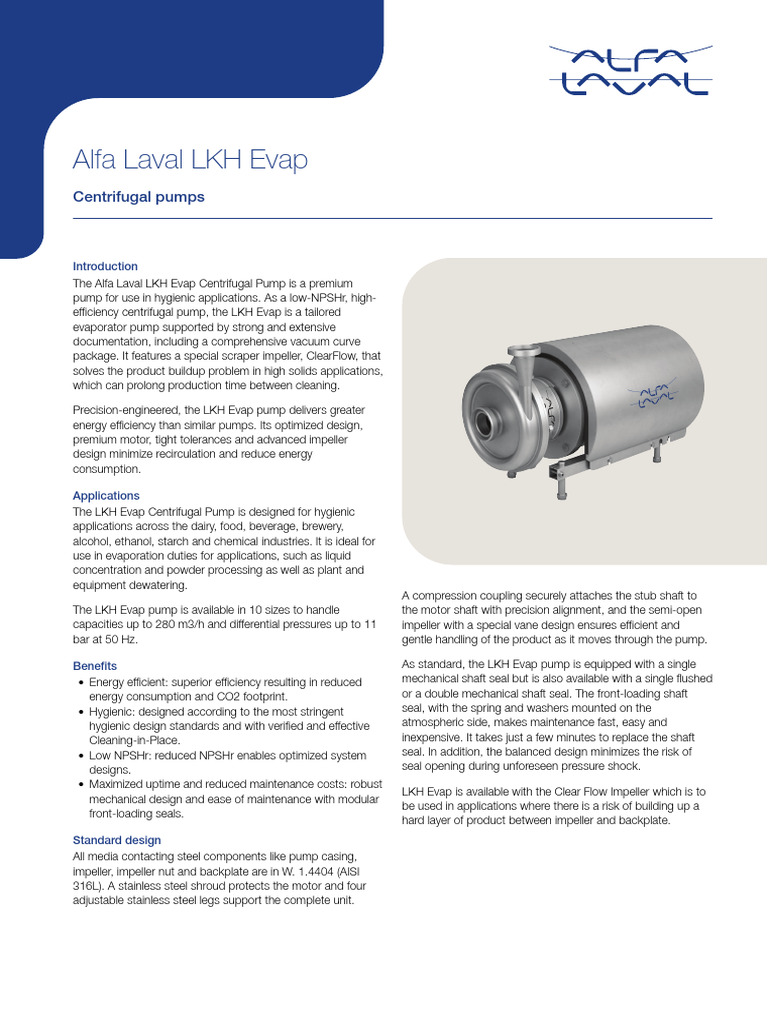 Alfa Laval LKH Evap Centrifugal Pump - Product Leaflet - Ese01863 - 2 | PDF