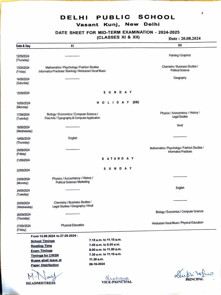 Class 11 and 12 Datesheet Mid Term 2024 | PDF
