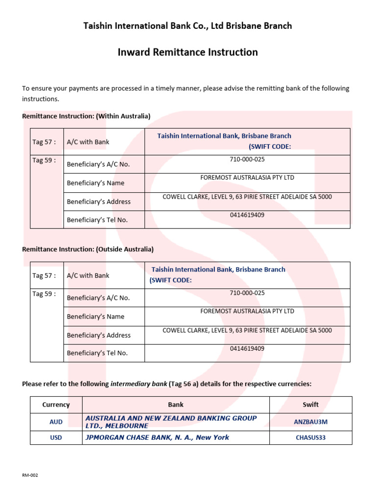 03E01001 Taishin-Inward Remittance Instruction | PDF