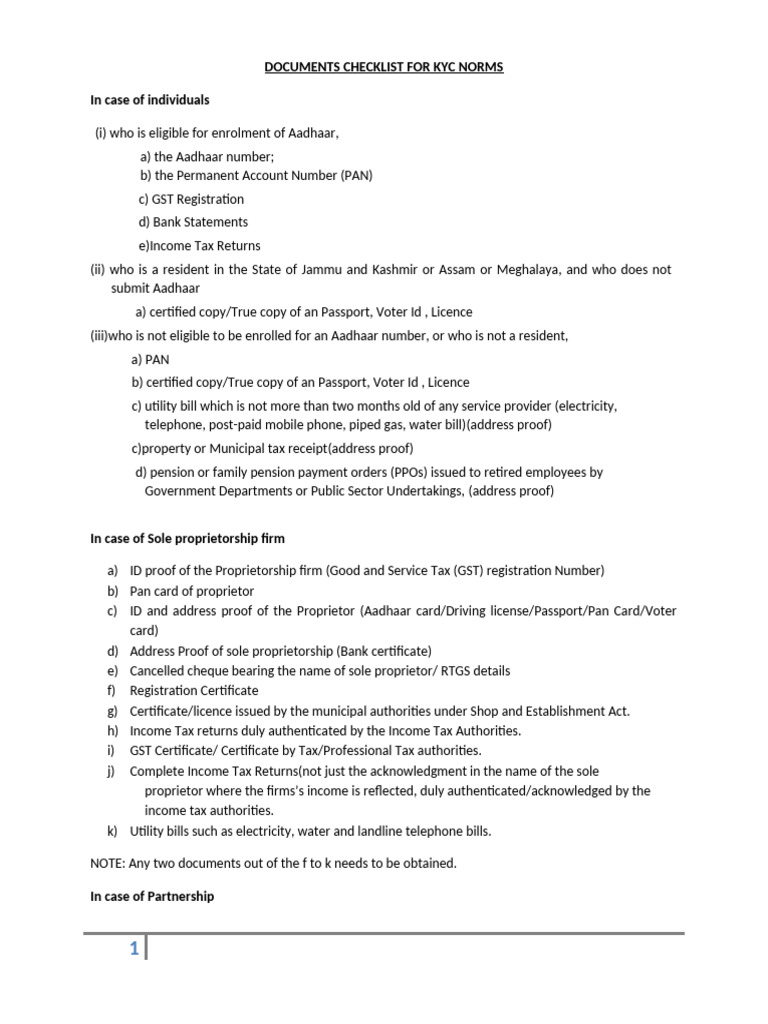 KYC Document Checklist For Verification - 23rd July 2017 | PDF