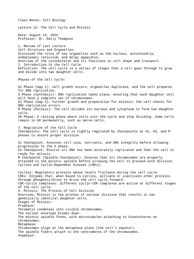 Class Notes Cell Biology | PDF | Mitosis | Science & Mathematics